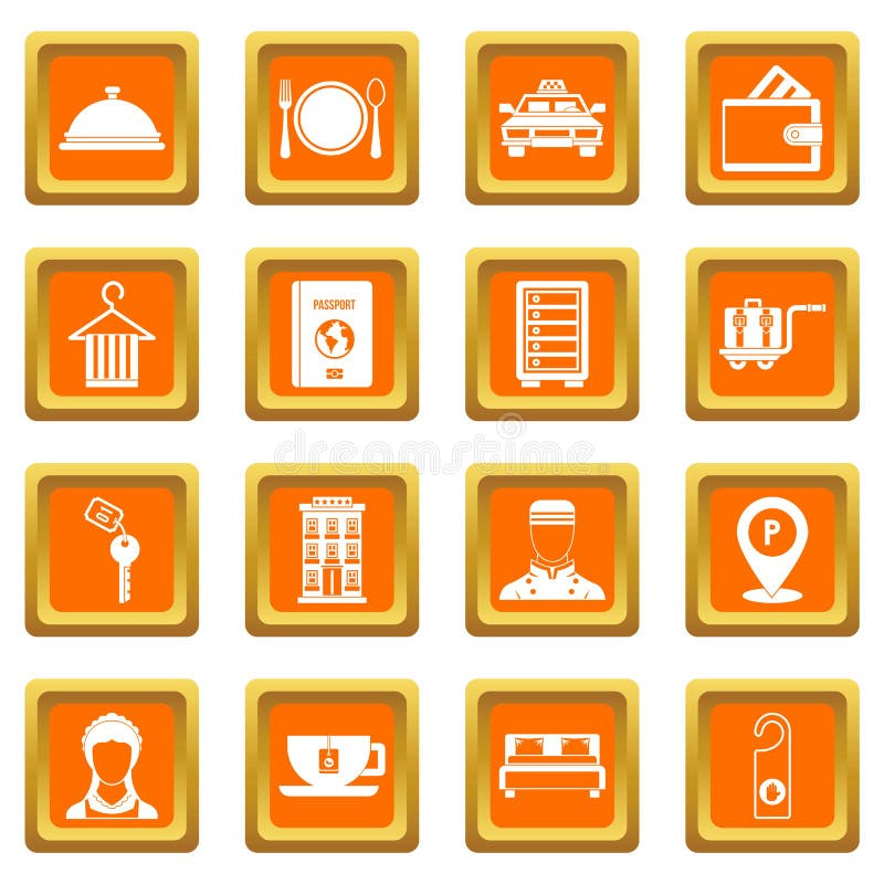 Hotel icons set orange stock vector. Illustration of cart - 98278033