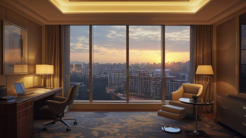 A Hotel Interior Boasts a Dedicated Work Zone with a Table and Armchair ...