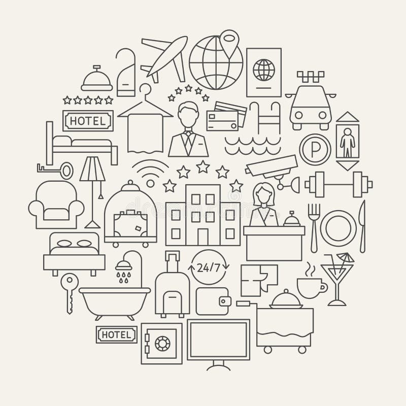 Hotel Line Icons Circle stock vector. Illustration of shower - 188729830