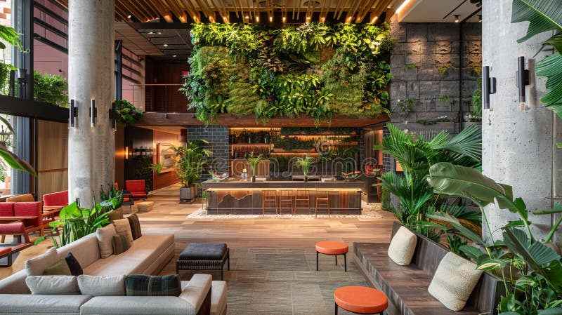 Hotel Lobby Features Botanical Garden and Sustainable Design Stock ...