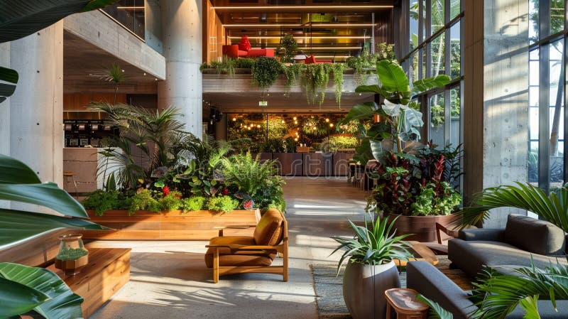 Hotel Lobby Features Botanical Garden and Sustainable Design Stock ...