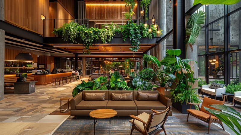Hotel Lobby Features Botanical Garden and Sustainable Design Stock ...