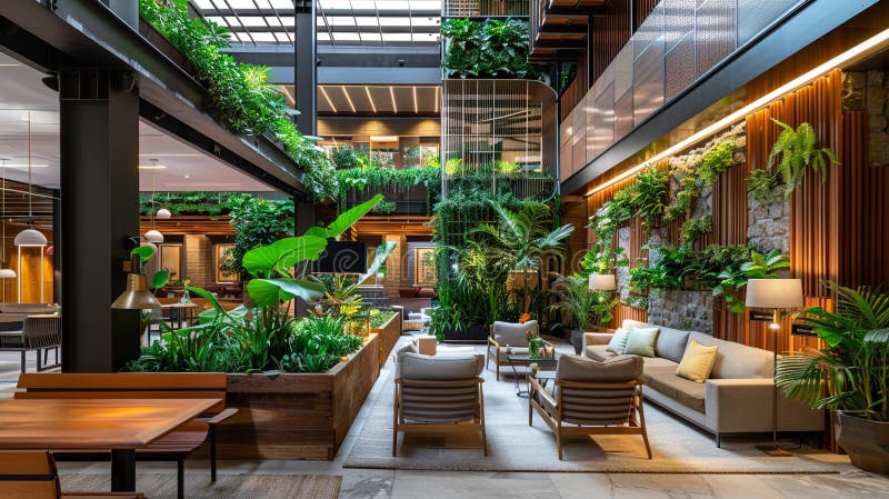 Hotel Lobby Features Botanical Garden with Sustainable Design Stock ...