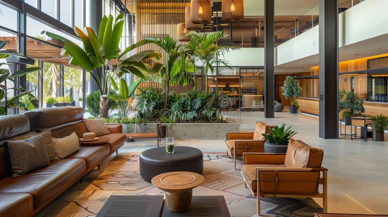 Hotel Lobby Features Botanical Garden and Sustainable Design Stock ...