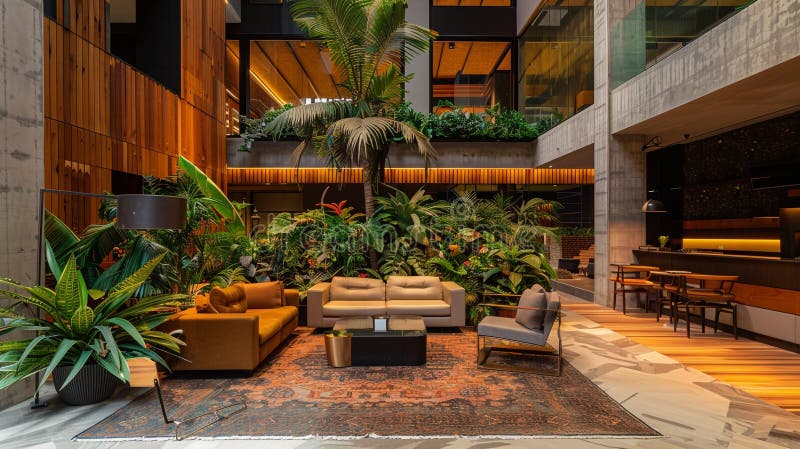 Hotel Lobby Features Botanical Garden and Sustainable Design Stock ...