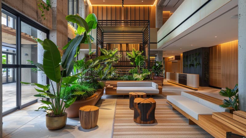 Hotel Lobby Features Botanical Garden and Sustainable Design Stock ...