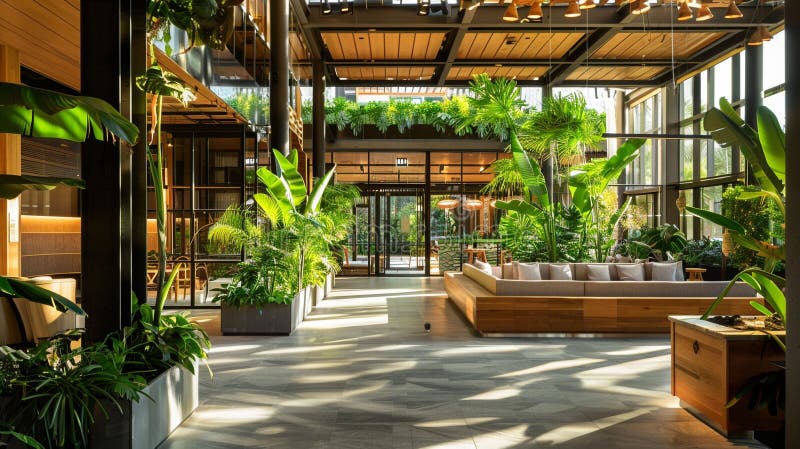 Hotel Lobby Features Botanical Garden and Sustainable Design Stock ...