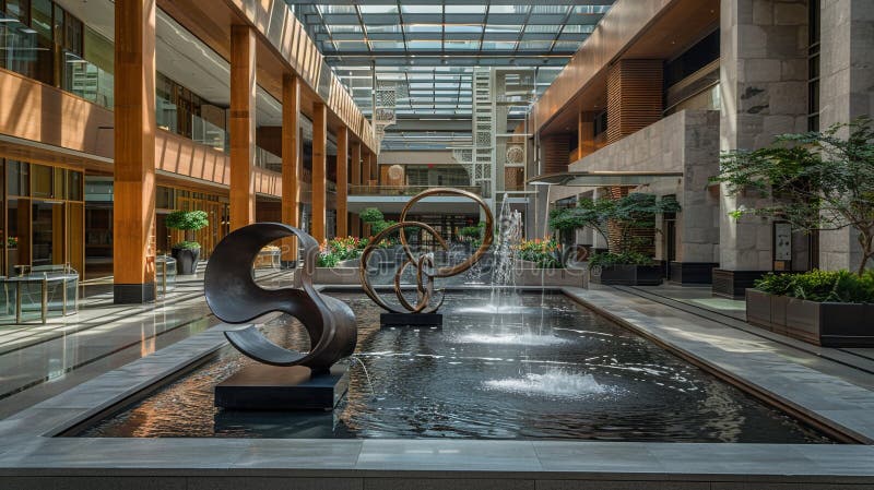 Hotel Lobby Features Cascading Water and Contemporary Sculptures Stock ...
