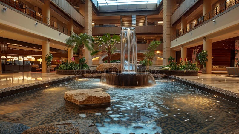 Hotel Lobby Featuring Atrium and Water Feature Stock Illustration ...