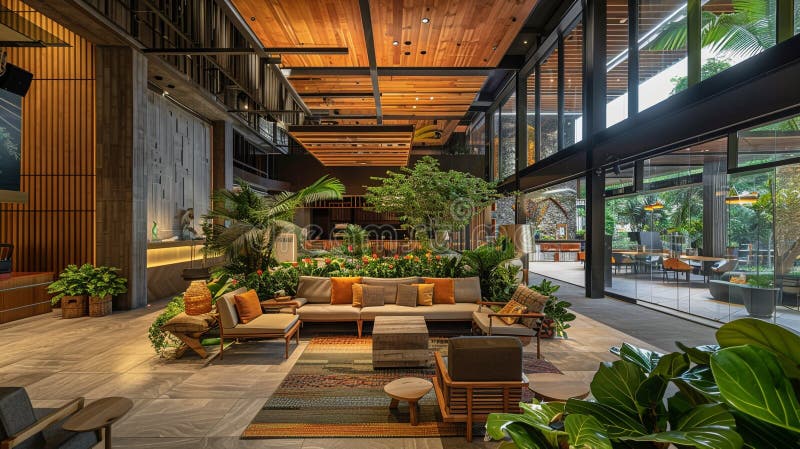 Hotel Lobby Featuring a Botanical Garden and Sustainable Design Stock ...