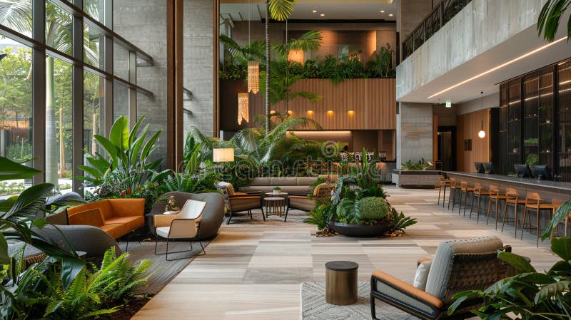 Hotel Lobby Featuring a Botanical Garden and Sustainable Design Stock ...