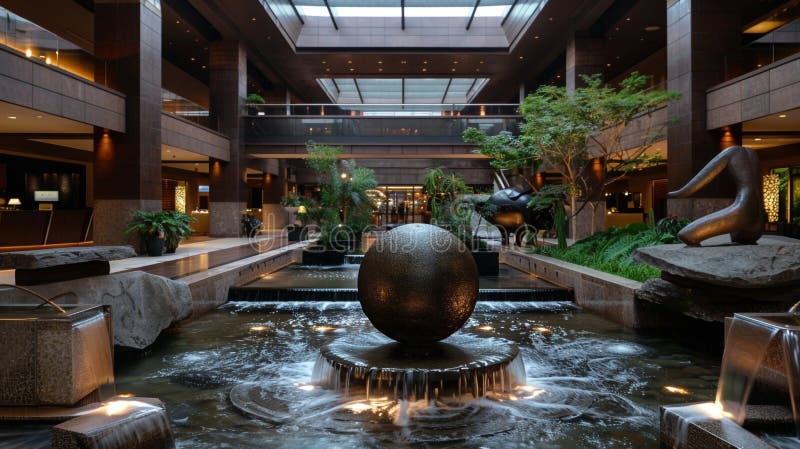 Hotel Lobby Featuring Cascading Water Feature and Contemporary ...