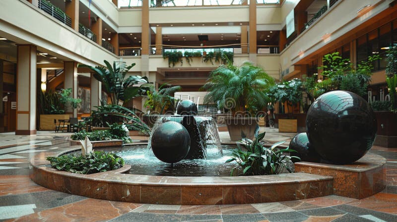 Hotel Lobby Featuring Cascading Water and Sculptures Stock Illustration ...