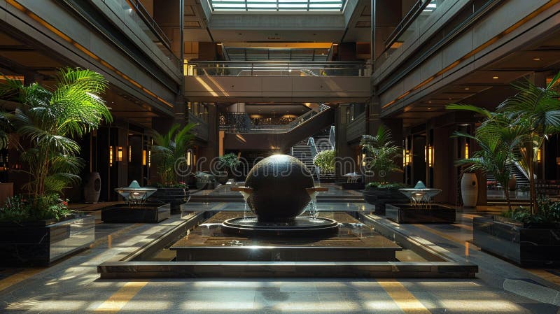 Hotel Lobby Featuring Central Atrium with Water Feature and Sculptures ...