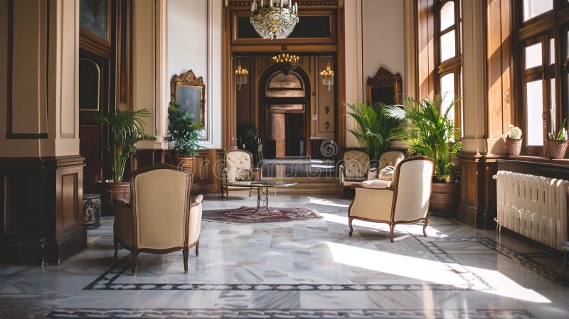 Hotel Lobby Featuring Classical Architecture and Antique Furniture ...