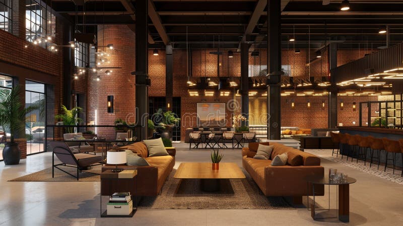 Hotel Lobby Featuring Industrial Chic Design Stock Illustration ...