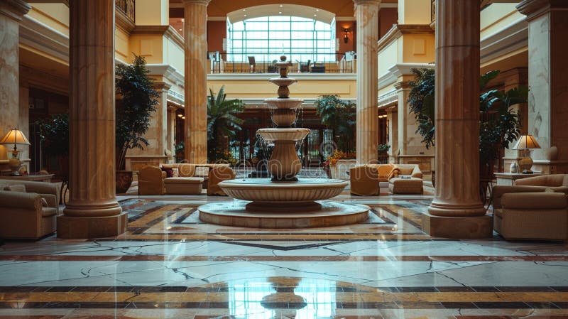 Hotel Lobby Featuring Marble Columns and Plush Sofas with a Fountain ...