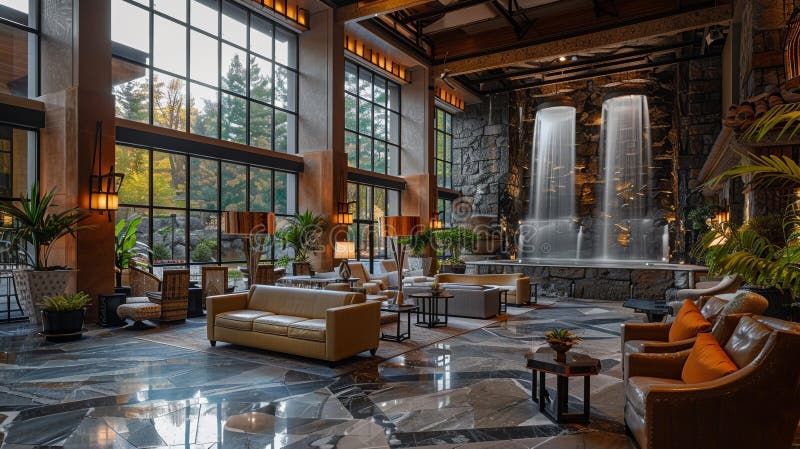 Hotel Lobby Featuring Panoramic Windows and Lounge Seating with a ...