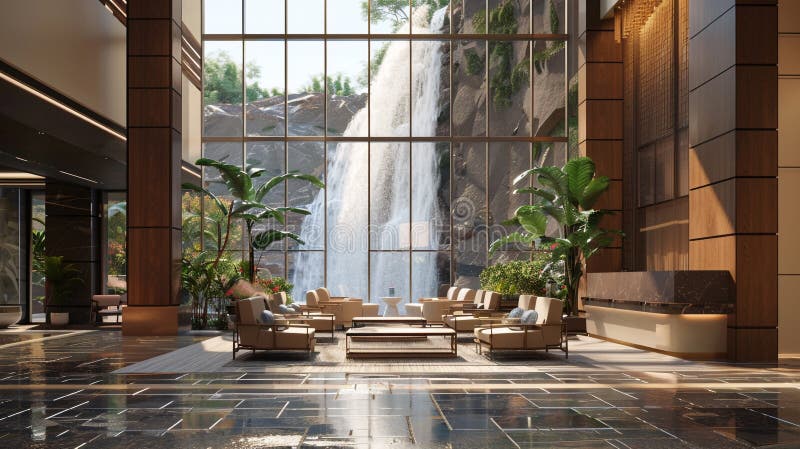 Hotel Lobby Featuring Panoramic Windows and Lounge Seating with a ...