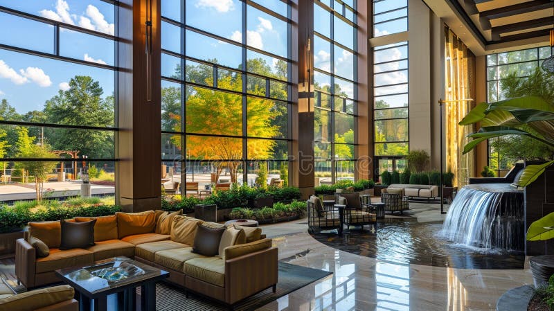 Hotel Lobby Featuring Panoramic Windows, Lounge Seating, and a ...