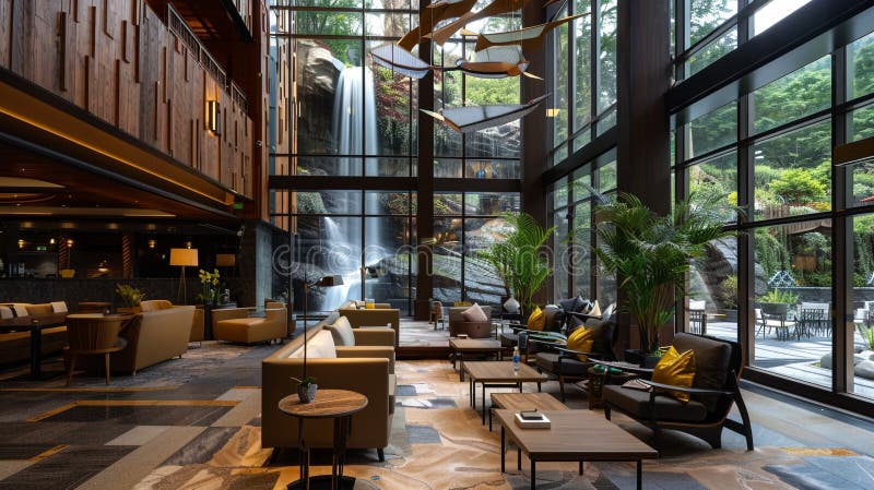Hotel Lobby Featuring Panoramic Windows and Lounge Seating with a ...