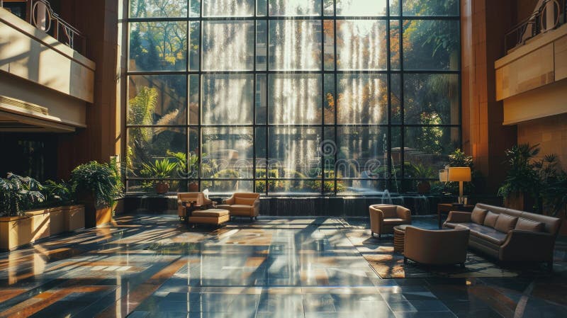 Hotel Lobby Featuring Panoramic Windows and Lounge Seating with a ...