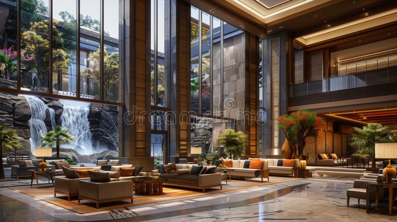 Hotel Lobby Featuring Panoramic Windows and Lounge Seating with a ...