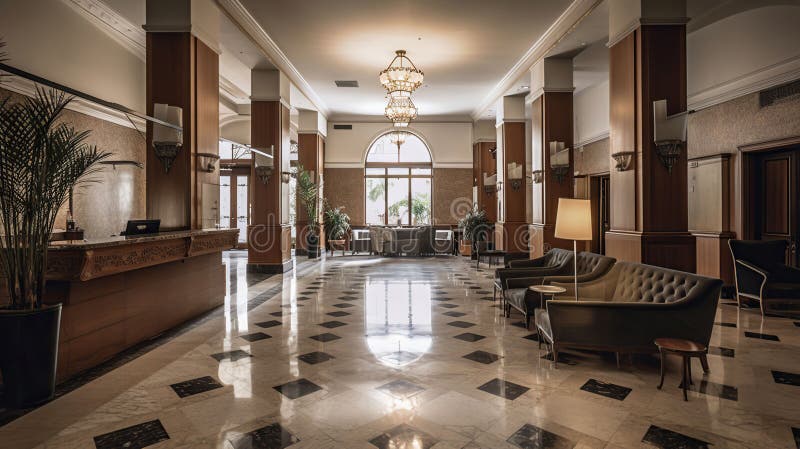 Hotel Lobby Interior with Reception Desk, Sofas, Marble Floor and Long ...