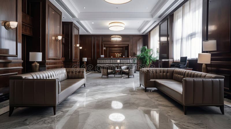 Hotel Lobby Interior with Reception Desk, Sofas, Marble Floor and Long ...
