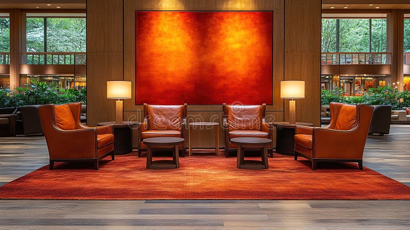 Hotel Lobby Lounge Area with Comfortable Seating and Warm Color Scheme ...