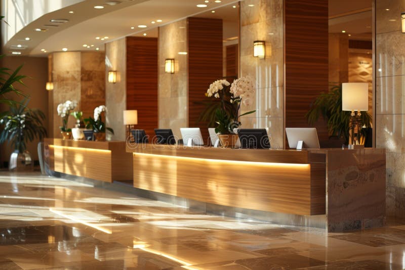 A Hotel Lobby with Numerous Desks and Computer Stations Stock Image ...