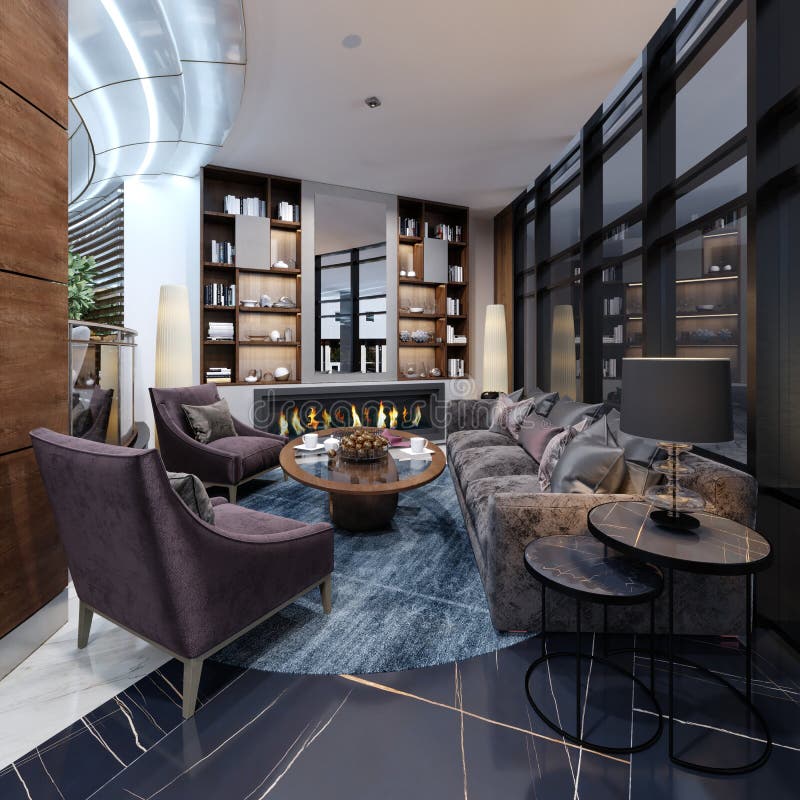 Hotel Lobby Rest Area with Fireplace and Half-books Stock Illustration ...