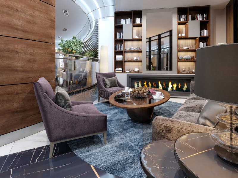 Hotel Lobby Rest Area with Fireplace and Half-books Stock Illustration ...