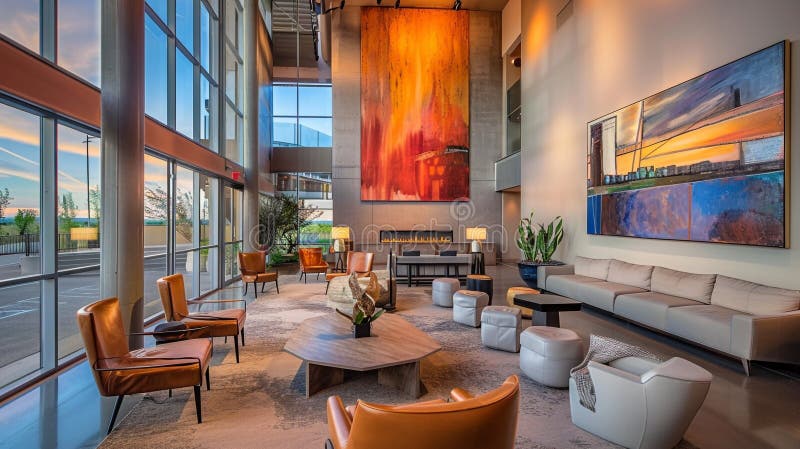 Hotel Lobby Showcases Modern Design with Panoramic Views Stock ...