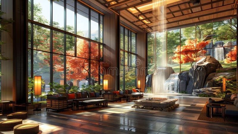 Hotel Lobby Showcasing Panoramic Windows and Lounge Seating with a ...