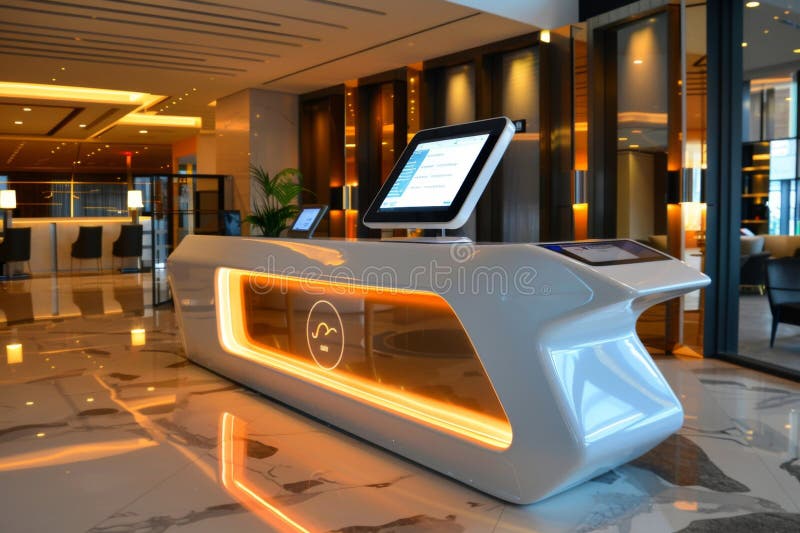 In a Hotel Lobby, There is a Modern Reception Desk with a Computer on ...