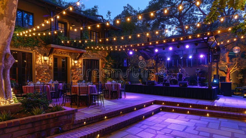Hotel Outdoor Event Space Features Stage Setup and Elegant Seating ...