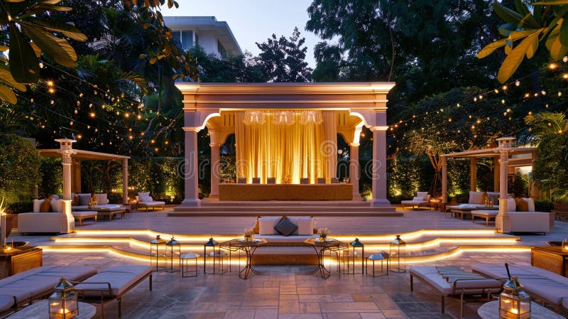 Hotel Outdoor Event Space Features Stage Setup and Elegant Seating ...
