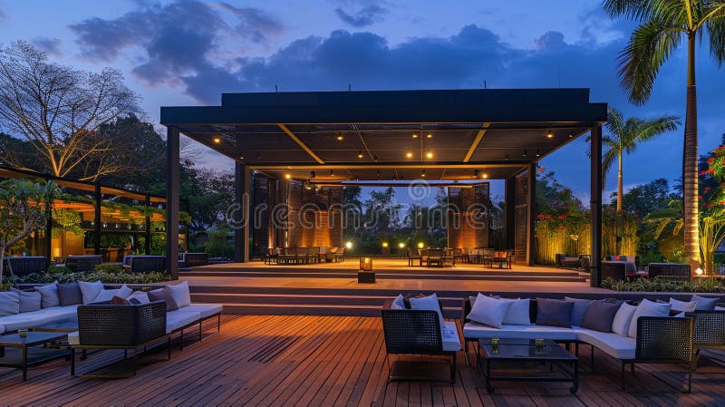 Hotel Outdoor Event Space Featuring Stage Setup and Elegant Seating ...