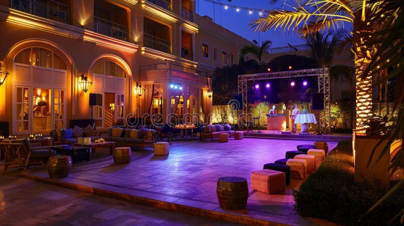 Hotel Outdoor Event Space Featuring Stage Setup and Elegant Seating ...