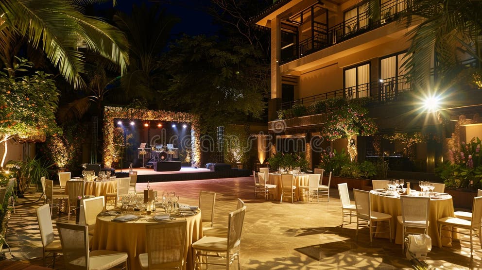 Hotel Outdoor Event Space Featuring Stage Setup with Lighting and ...