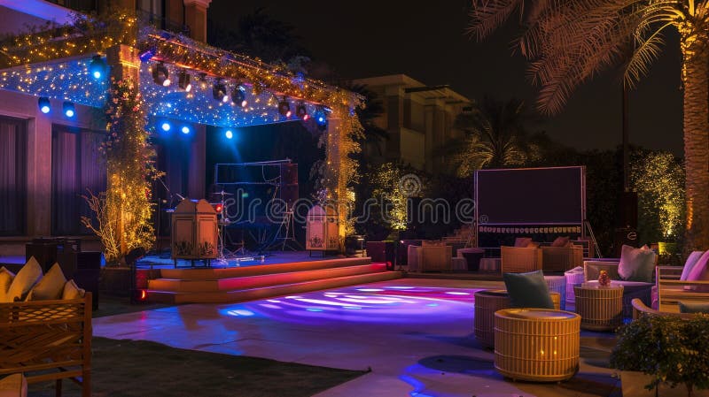 Hotel Outdoor Event Space Showcases Stage Setup with Elegant Seating ...