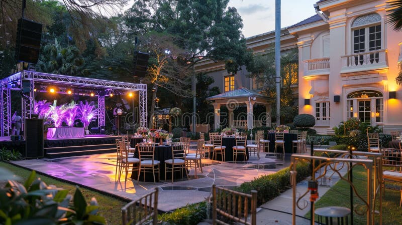 Hotel Outdoor Event Space Showcases Stage Setup with Elegant Seating ...