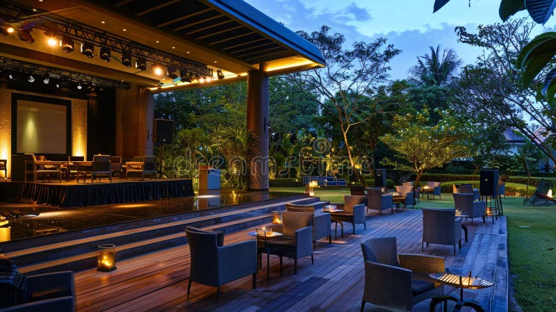 Hotel Outdoor Event Space Showcases Stage Setup with Elegant Seating ...