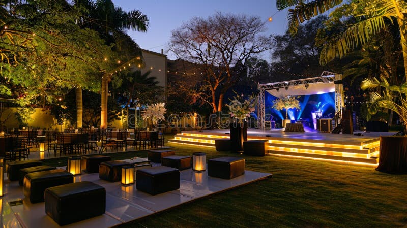 Hotel Outdoor Event Space with Stage Setup and Elegant Seating Stock ...