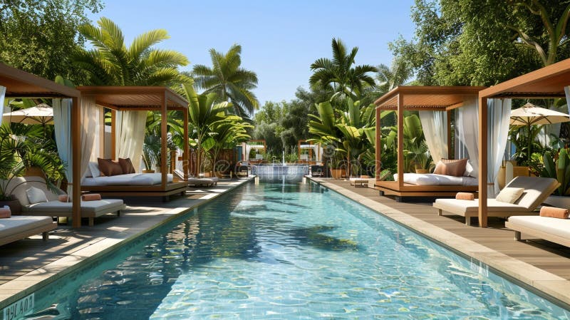 Hotel Outdoor Pool Area Features Elegant Cabanas and Tropical Plants ...