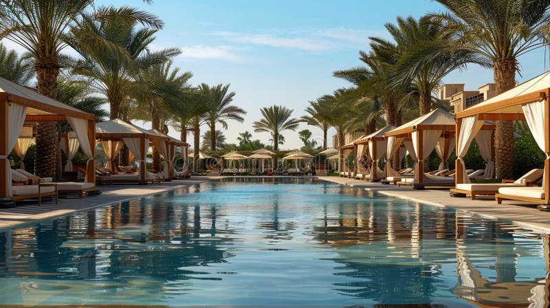 Hotel Pool Area Features Elegant Design and Shaded Cabanas Stock ...