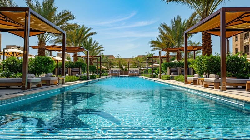 Hotel Pool Area Features Elegant Design and Shaded Cabanas Stock ...