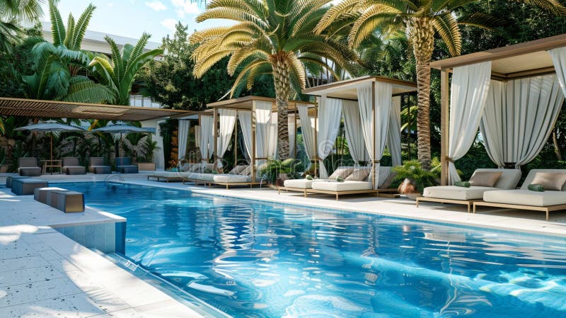 Hotel Pool Area Features Elegant Design and Shaded Cabanas Stock ...