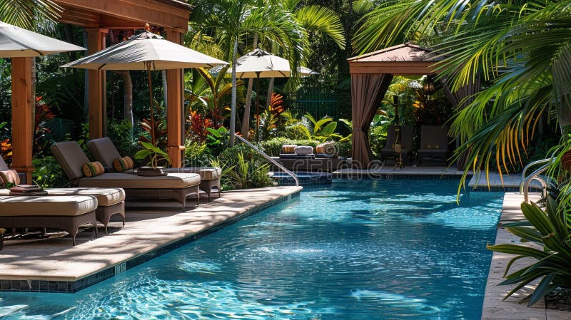 Hotel Pool Area Features Elegant Design and Tropical Landscaping Stock ...